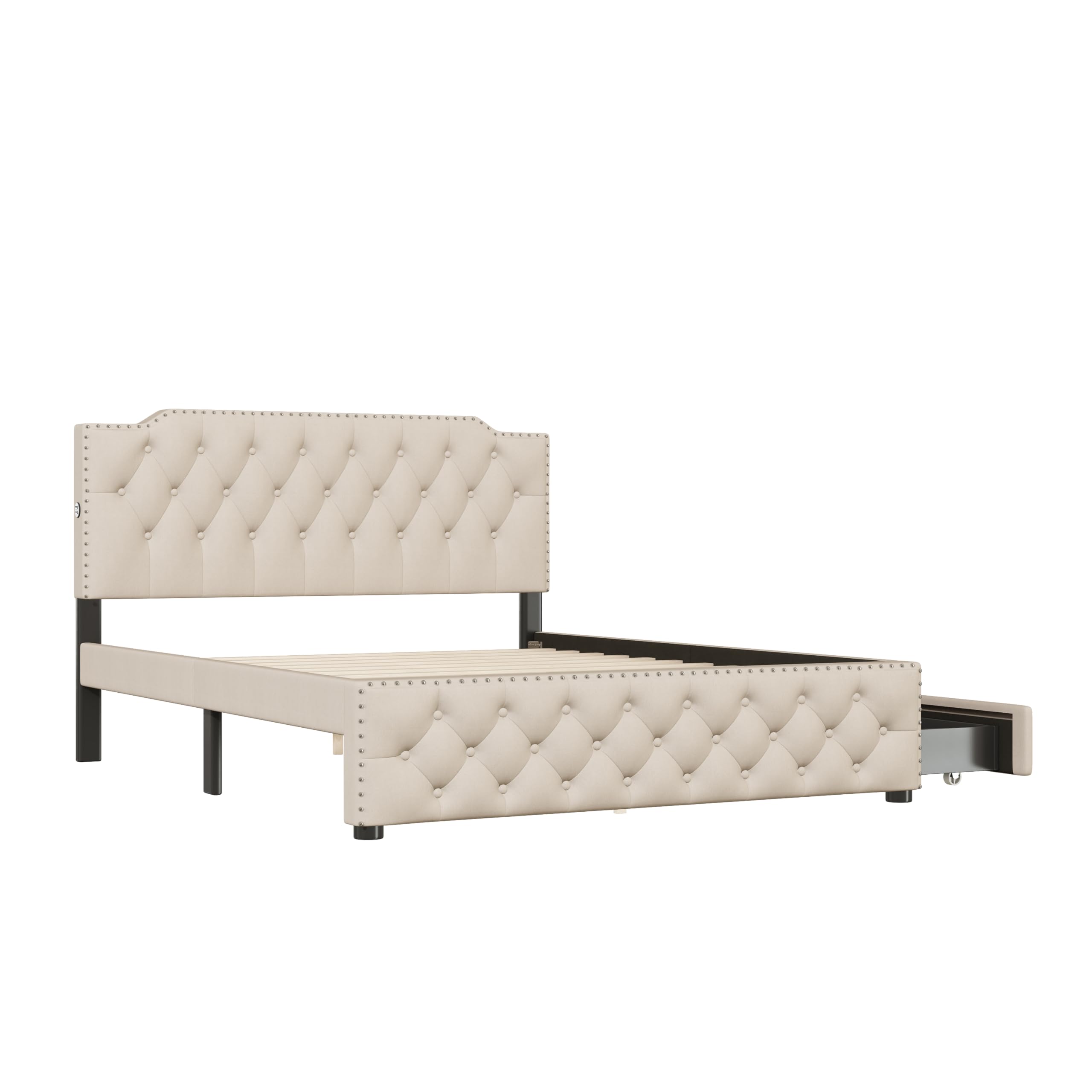 Luxo Abode Queen Size Upholstered Platform Bed with 2 Drawers and 1 Twin XL Size Trundle, Classic Headboard Design, No Box Spring Need and Easy to Assembly,for Bedroom, Guest Room, Apartment, Beige