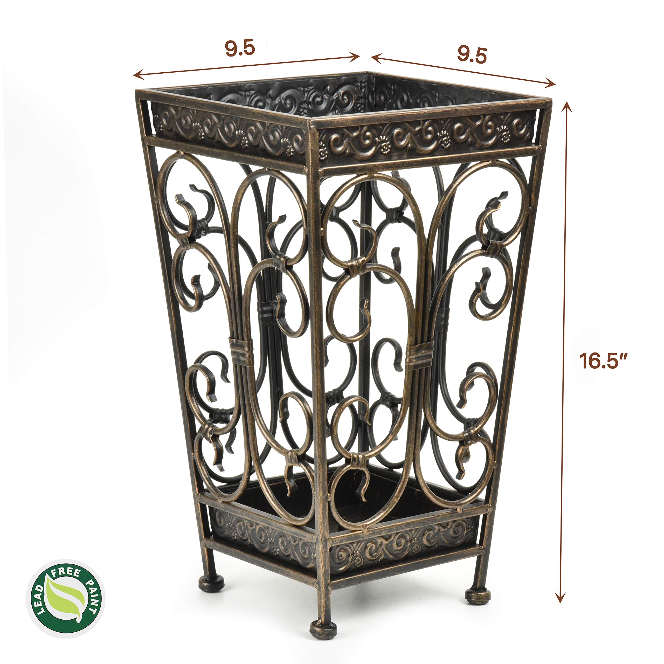 Dualplex Umbrella Holder for Entryway, Umbrella Stand Metal Antique Look, Indoor Entry Hallway Décor, Round Style with Removable Drip Tray. Home Office Rack Holds Umbrellas Canes Walking Sticks