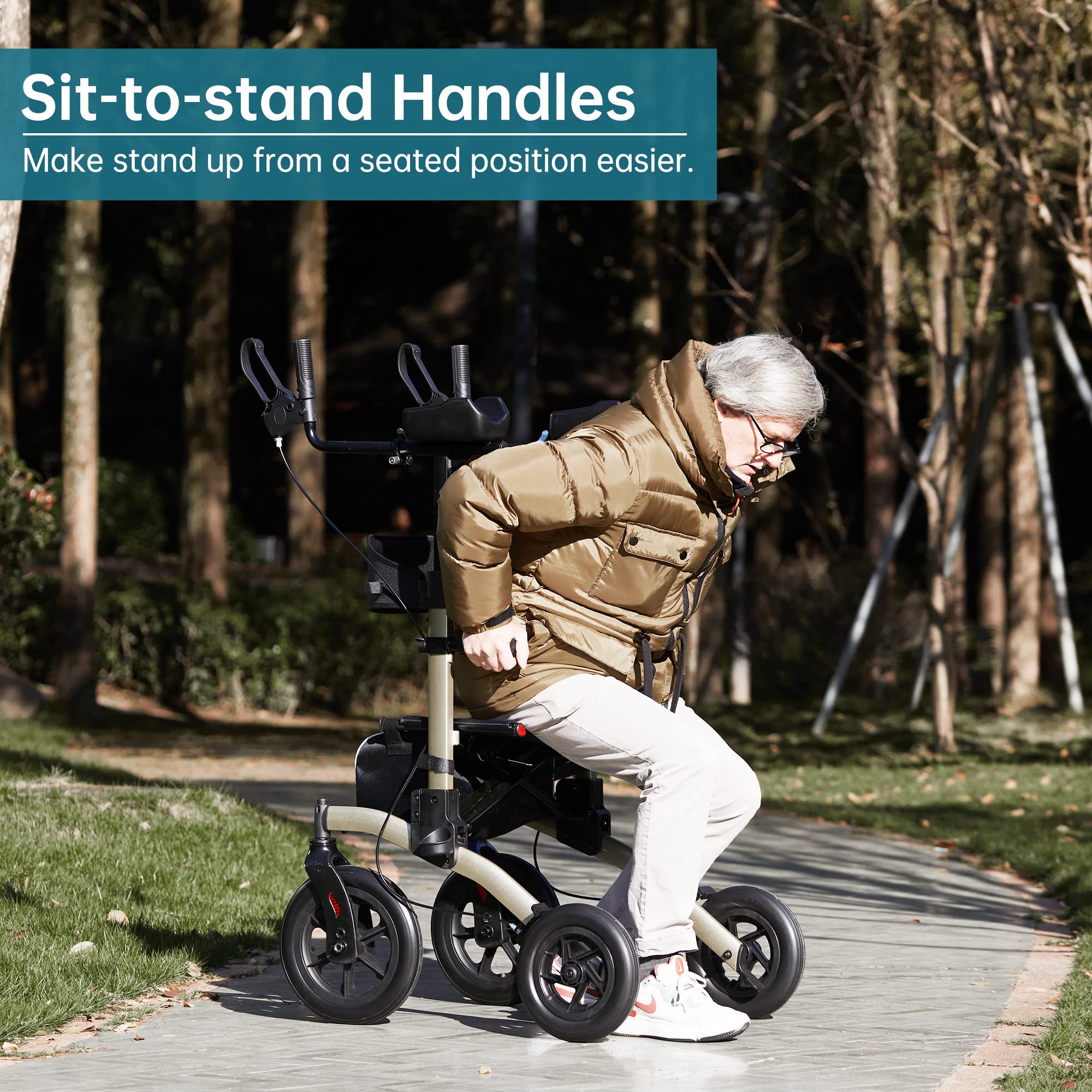 ELENKER All-Terrain Upright Rollator Walker, Stand up Rolling Walker with Seat, 12β Non-Pneumatic Tire Wheels, Compact Folding Design for Seniors, Champagne