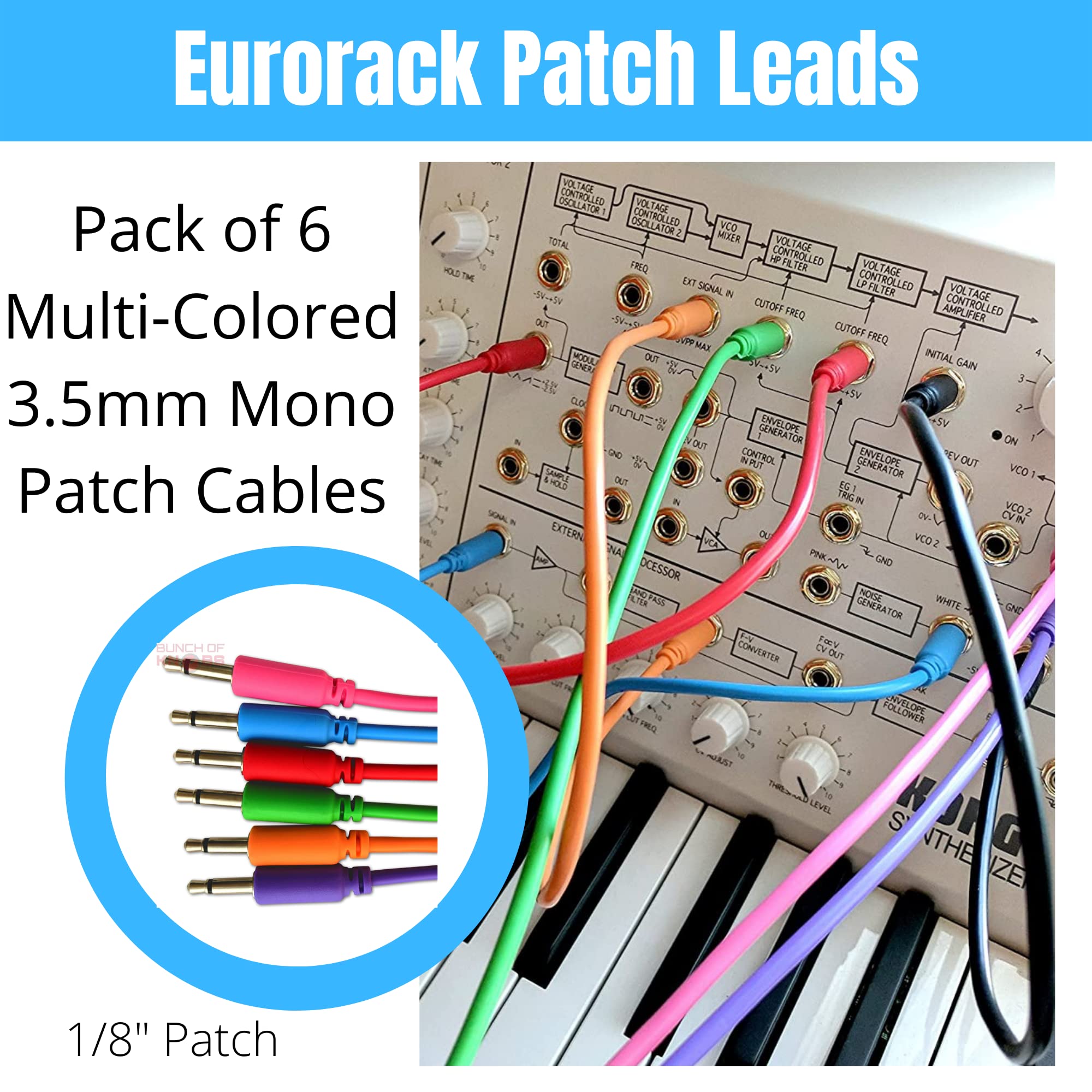 Eurorack Patch Leads. Pack of 6 Multi-Colored 3.5mm Mono Patch Cables (1 Foot)
