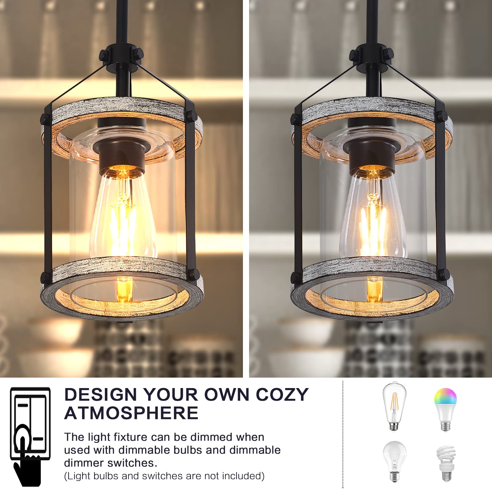 Farmhouse Glass Pendant Light Fixtures,Pendant Lights Kitchen Island,Adjustable Rustic Farmhouse Pendant Light for Foyer, Sink, Kitchen Island, Porch (1 Light)