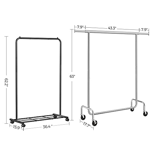 SONGMICS Clothes Rack and Garment Rack on Wheels Bundle, Heavy Duty Clothing Racks, Steel, Extendable Rail, Storage Shelf, Black and Chrome UHSR25BK and UHSR11S