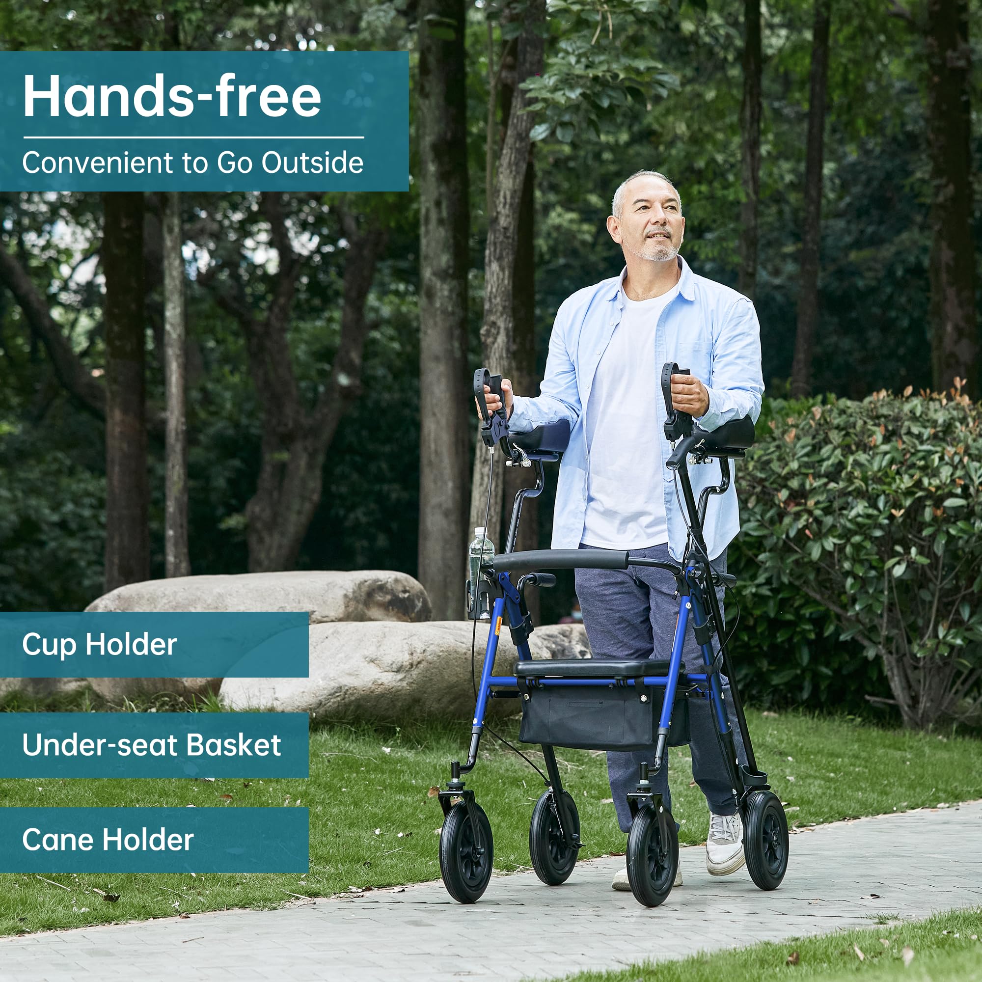 ELENKER Upright Rollator Walker, Stand Up Rolling Walker with 10’’Big PU Wheels and Adjustable Padded Armrests for Seniors from 4’8”to 6'4” (Blue)