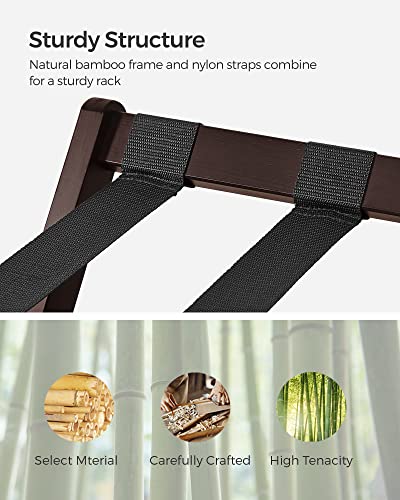 SONGMICS Luggage Rack, Folding Suitcase Stand with Storage Shelf, for Guest Room, Hotel, Bedroom, Heavy-Duty, Holds up to 131 lb, Chestnut Brown URLR007R01