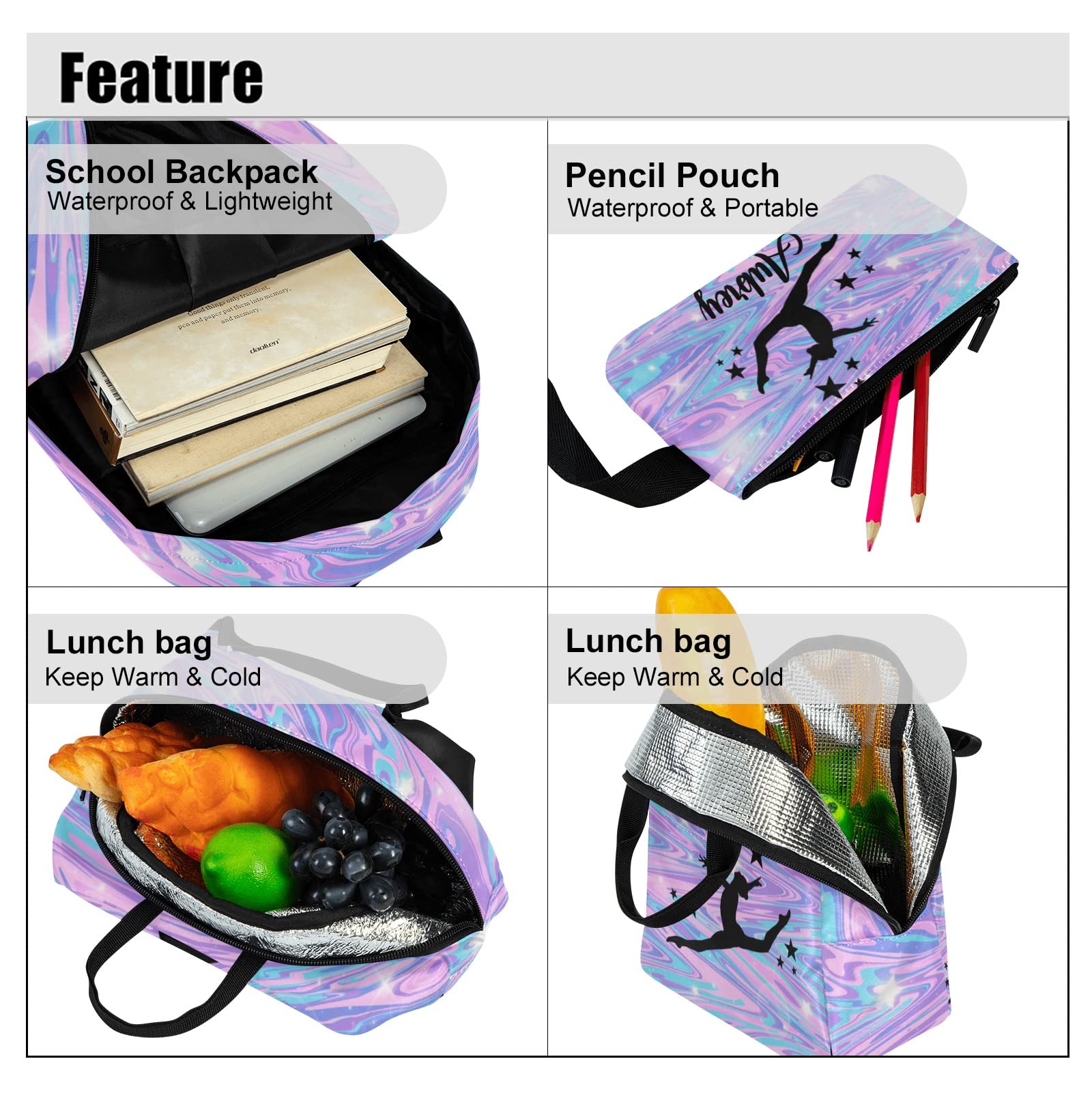 Gymnastic Marble Unicorn Abstract Personalized Backpack Set for Teen Boys Girls with Lunch Box & Pencil Pouch Bag Travel Backpack