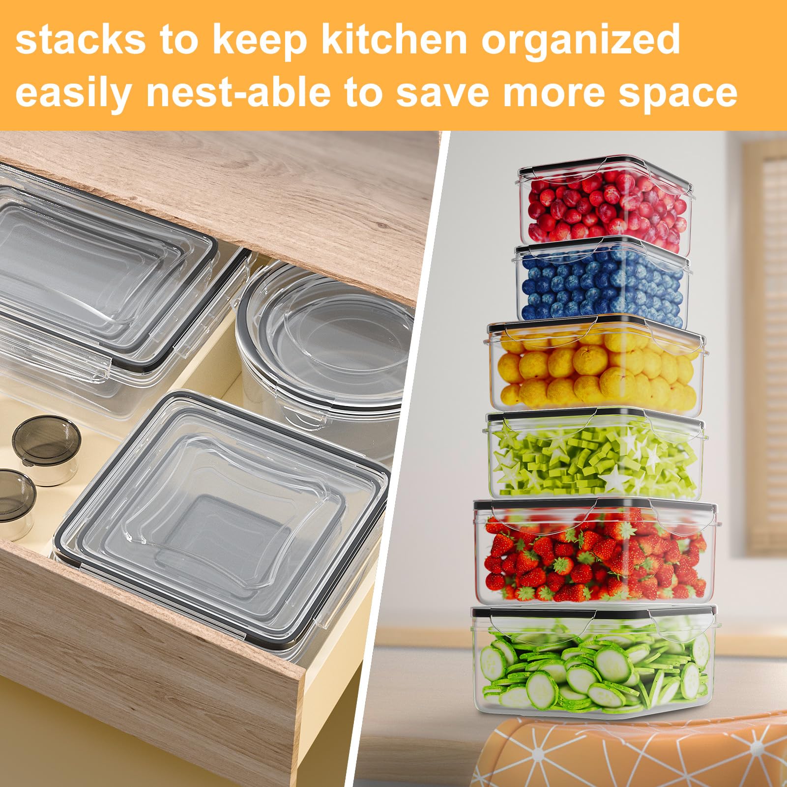 Fyrnova 34 PCS Food Storage Containers with Lids (17 Containers & 17 Airtight Lids), Leak Proof Plastic Meal Prep Container for Pantry & Kitchen Organization, BPA-Free with Labels & Marker