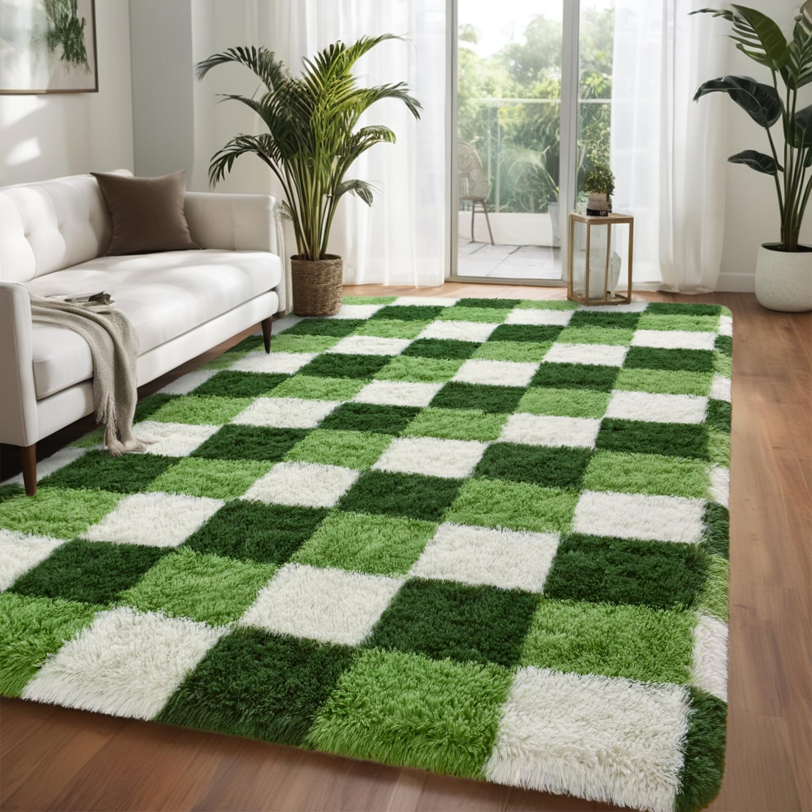 Larhom Modern Checkerboard Rug for Living Room Bedroom, 4x6 Ft Green Checkered Fluffy Carpet, Thickened Memory-Foam Area Rug for Kids Nursery Dorm, Home Decor, Anti-Slip and Easy to Clean