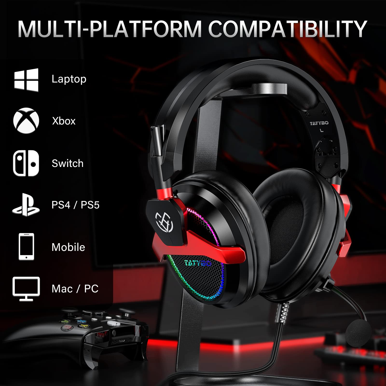Gaming Headset for PS4 PS5 PC Xbox One, 7.1 Surround Sound PC Headset with Noise Cancelling Mic