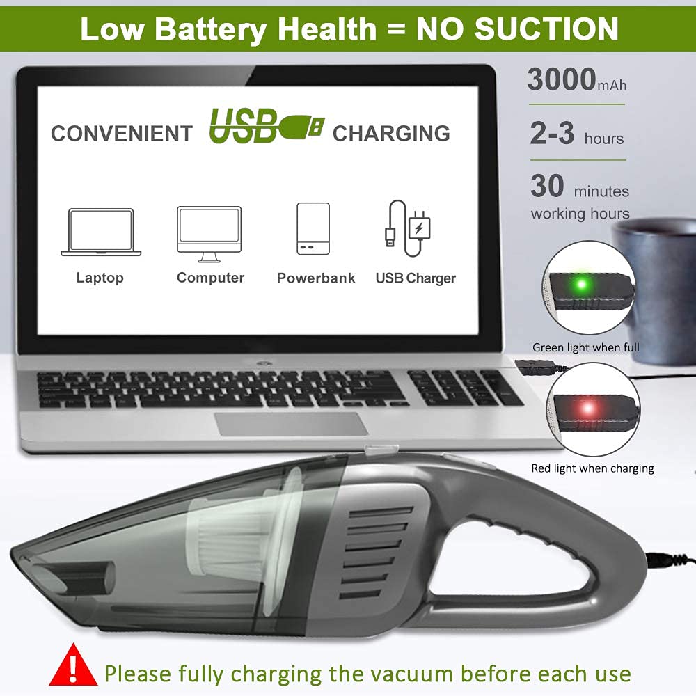 fiercewolf Handheld Vaccuum Cordless, 120W 8500Pa Super Suction Cordless Hand Vac, 2500mAh with a 40min Rechargeable Battery, Lightweight with LED Light for Car/Home/Pet