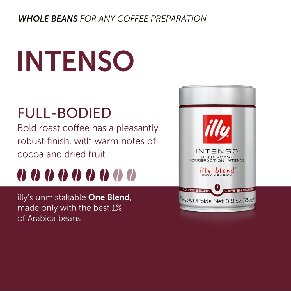 illy caffe Whole Bean Coffee - Perfectly Roasted Whole Coffee Beans β Intenso Dark Roast - Warm Notes of Cocoa & Dried Fruit β Full-Bodied - 100% Arabica Coffee - No Preservatives β 8.8 Ounce, 6 Pack