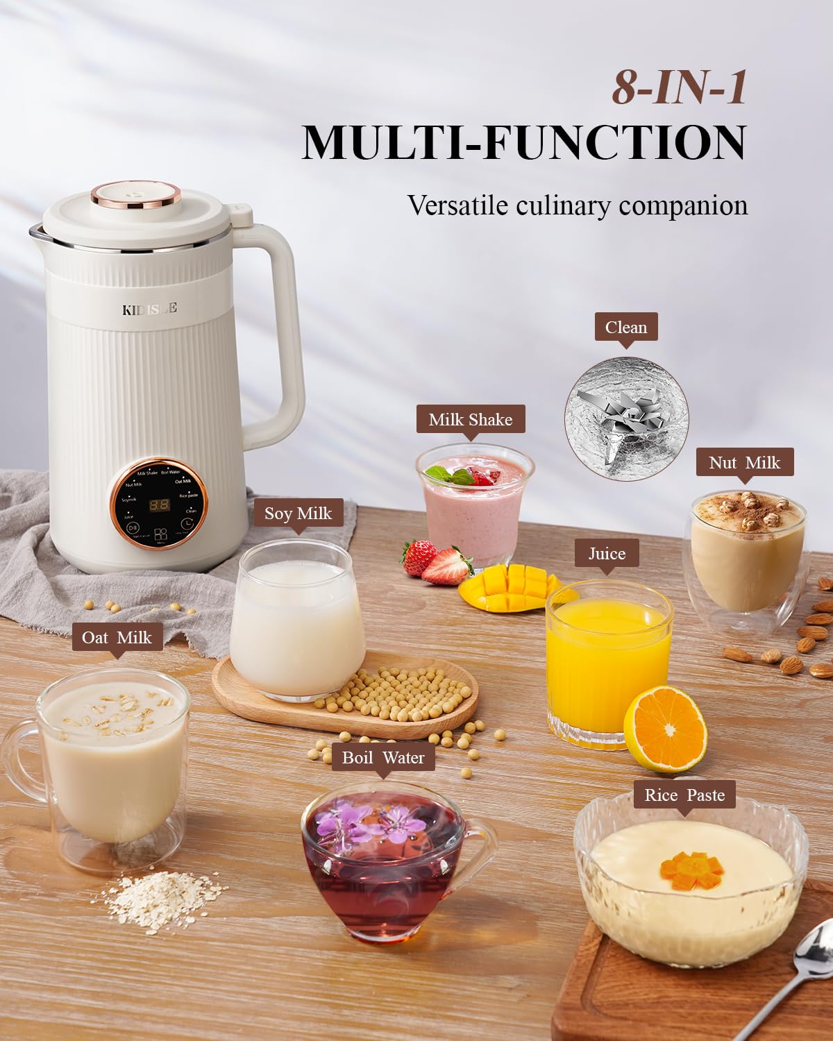 KIDISLE 8 in 1 Nut Milk Maker, 32oz Automatic Soybean Milk Machine for Homemade Almond, Oat, Coconut, Soy, Plant Based Milks and Non Dairy Beverages, with Delay Start/Keep Warm/Boil Water, Cream