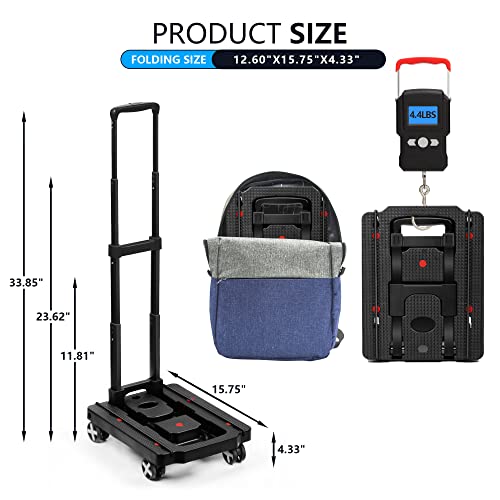 Lougnee Folding Hand Truck, 4 Wheels Fold Up Hand Cart with 2 Elastic Ropes, Portable Foldable 100lbs Capacity Heavy Duty Luggage Cart, Utility Dolly Platform Cart for Car House Office Moving