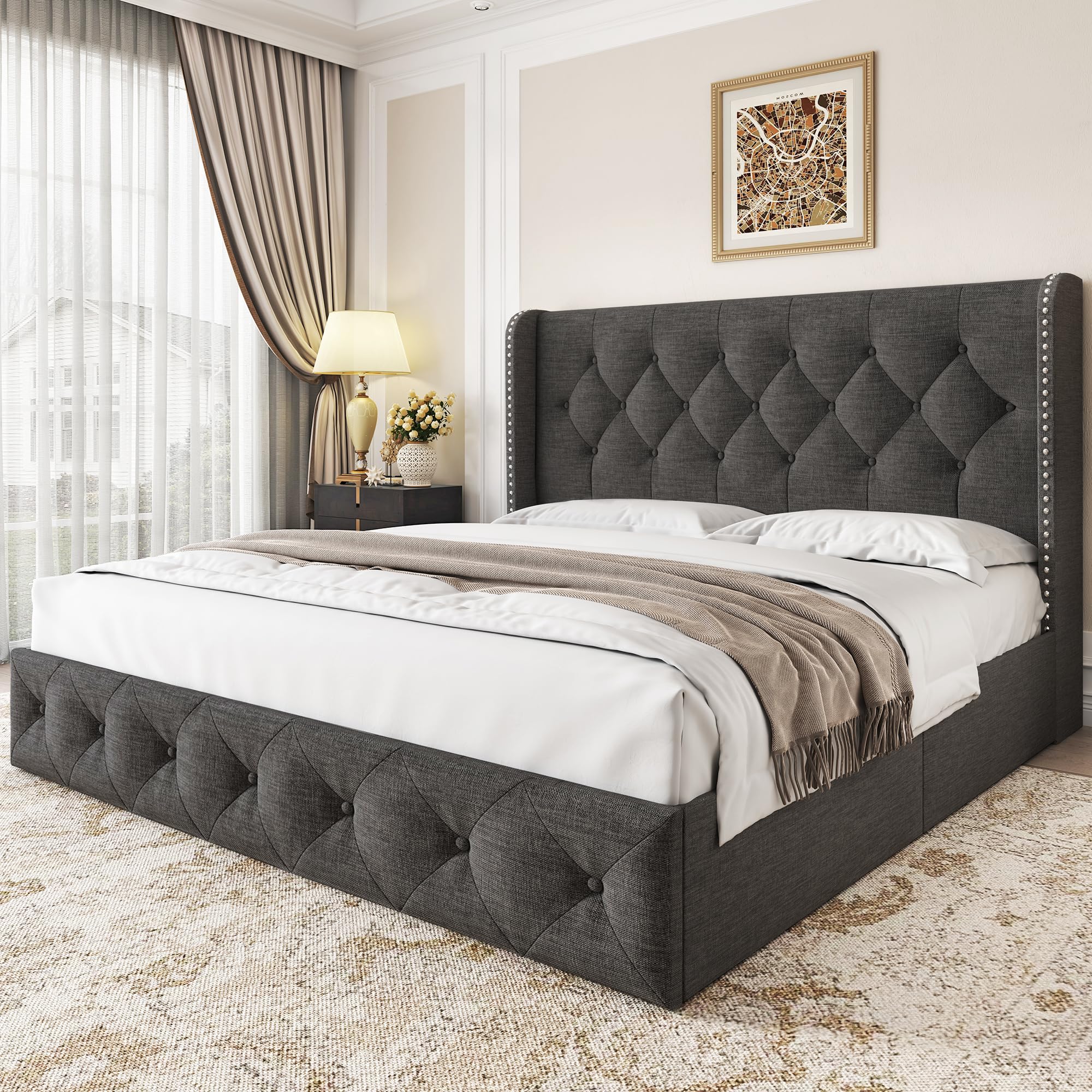 LARMACE King Size Bed Frame with 4 Storage Drawers and Wingback Headboard Linen Upholstered Platform Bed Tufted Bed Frame with Wood Slats Support, No Box Spring Needed, Light Grey