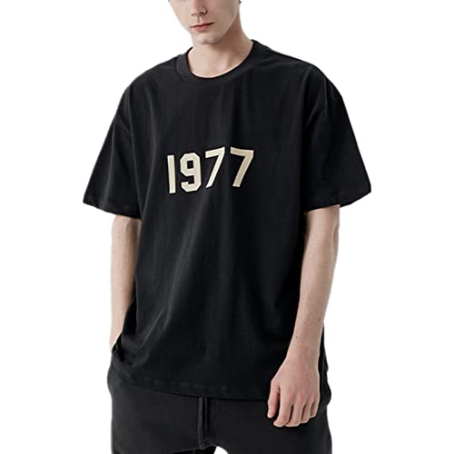 Summer Casual T-Shirt for Men Women 1977 Letter Print Shirt Classic Couples Short Sleeved Sweatshirts Pullover Tee Top (Black,Medium,Medium)