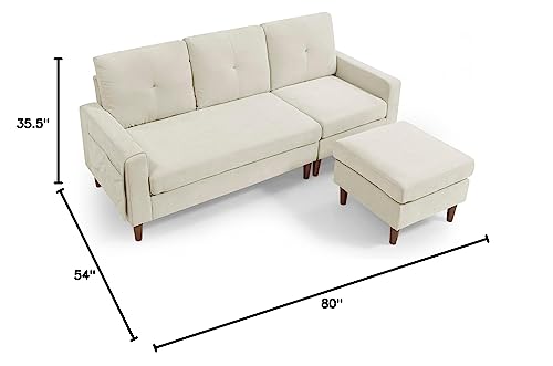 MOEO 3 Seat Sofa with Removable Ottoman and Cushions, L-Shape Chenille Convertible Couch w/Pocket & Rubber Wood Legs, Perfect for Living Room, Aapartment, Small Space, 80", Beige