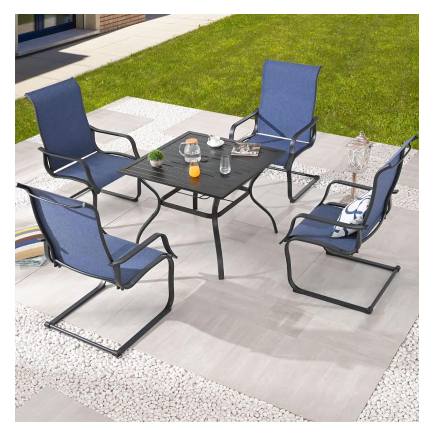 PatioFestival Outdoor C-Spring Dining Chairs Set of 4, Patio Sling High Back Springy Chairs,Textilene Fabric & Black Metal Frame(Blue)