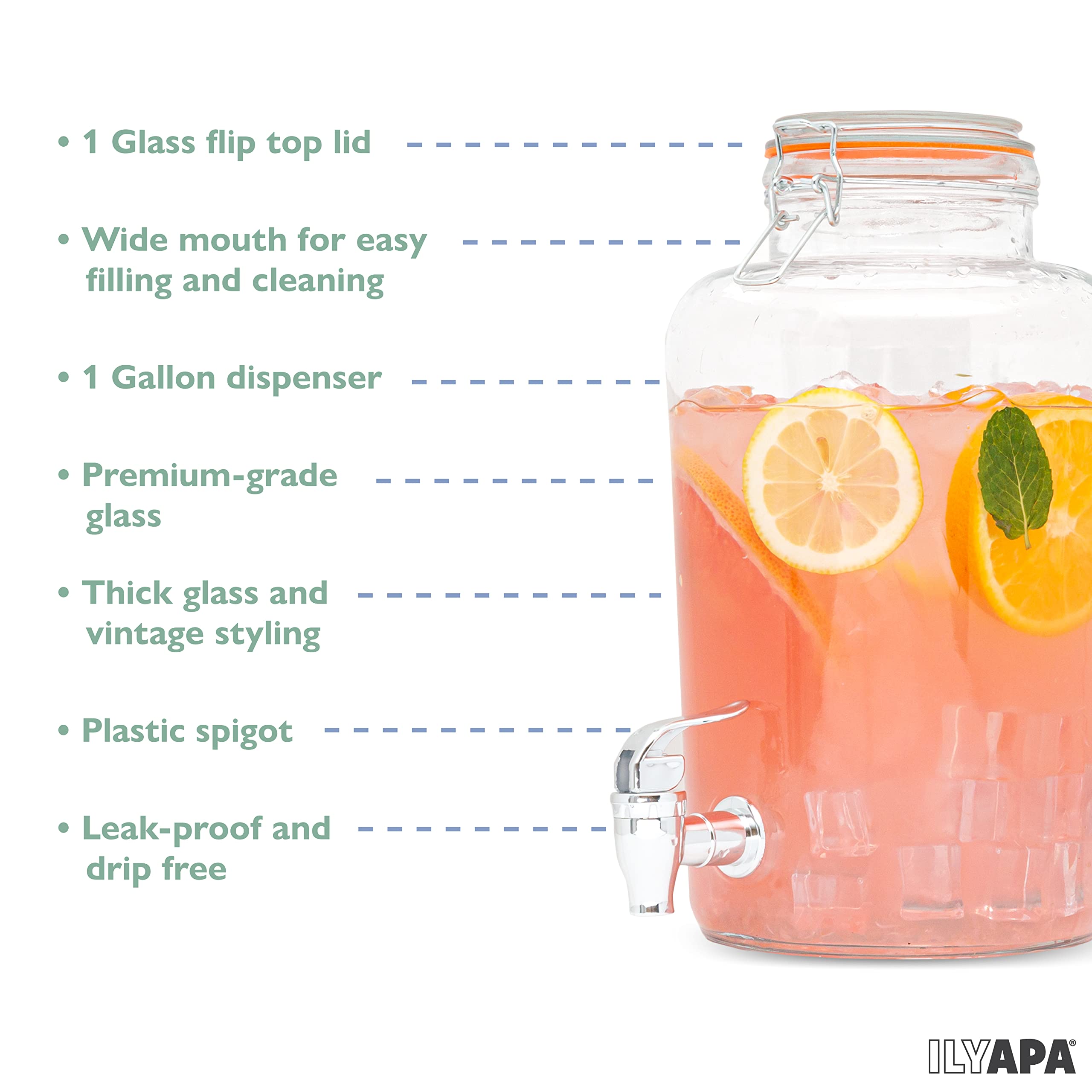 Ilyapa 2 Gallon Glass Beverage Dispenser - Wide Mouth Mason Jar Drink Dispenser - 100% Leak Proof with Glass Flip Top Lid, Dispenser for Parties, Weddings, Lemonade, Cold Water
