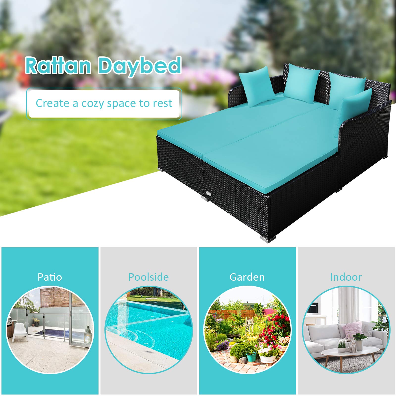 Tangkula Outdoor Rattan Daybed, Sunbed Wicker Furniture w/Spacious Seat, Upholstered Cushion & High-Resilience Sponge, Wicker Patio Sofa Set w/Extra Pillows for Courtyard Poolside(Turquoise)