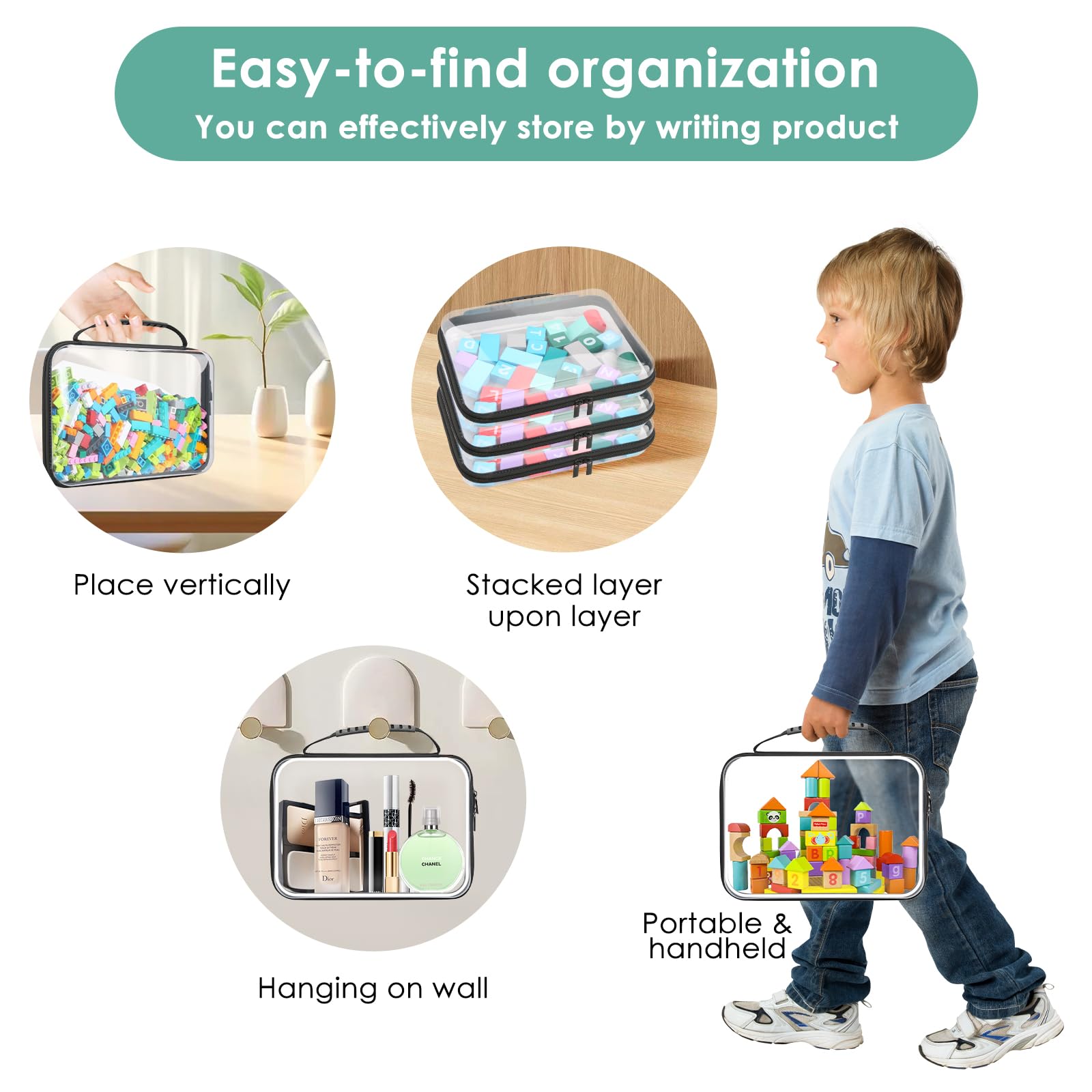 QAVABIN Clear Hard Zipper Pouch, Bliss Zippered Storage Bins, Waterproof PVC Shell Travelling Bags, Storage for Board Games, Building Blocks, Puzzles, Kids Books with Handle, Plastic Organizing, 2Pc