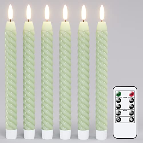 Lasumora Christmas Flameless Taper Candles Flickering with 10-Key Remote, Battery Operated 3D Wick LED Spiral Window Candles 6 Pack Real Wax Wedding Home Birthday Christmas Decor(0.78 X 9.8 Inchs)