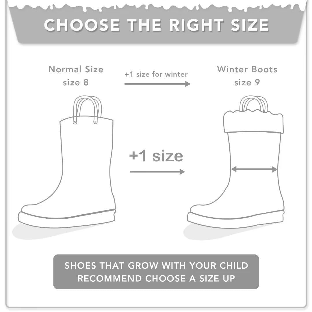 EUXTERPA Black Kids Rain Boots, Boys Winter Rain Boots with Warm Lining, Girls Waterproof Boots with Handles, Big Kid size 2