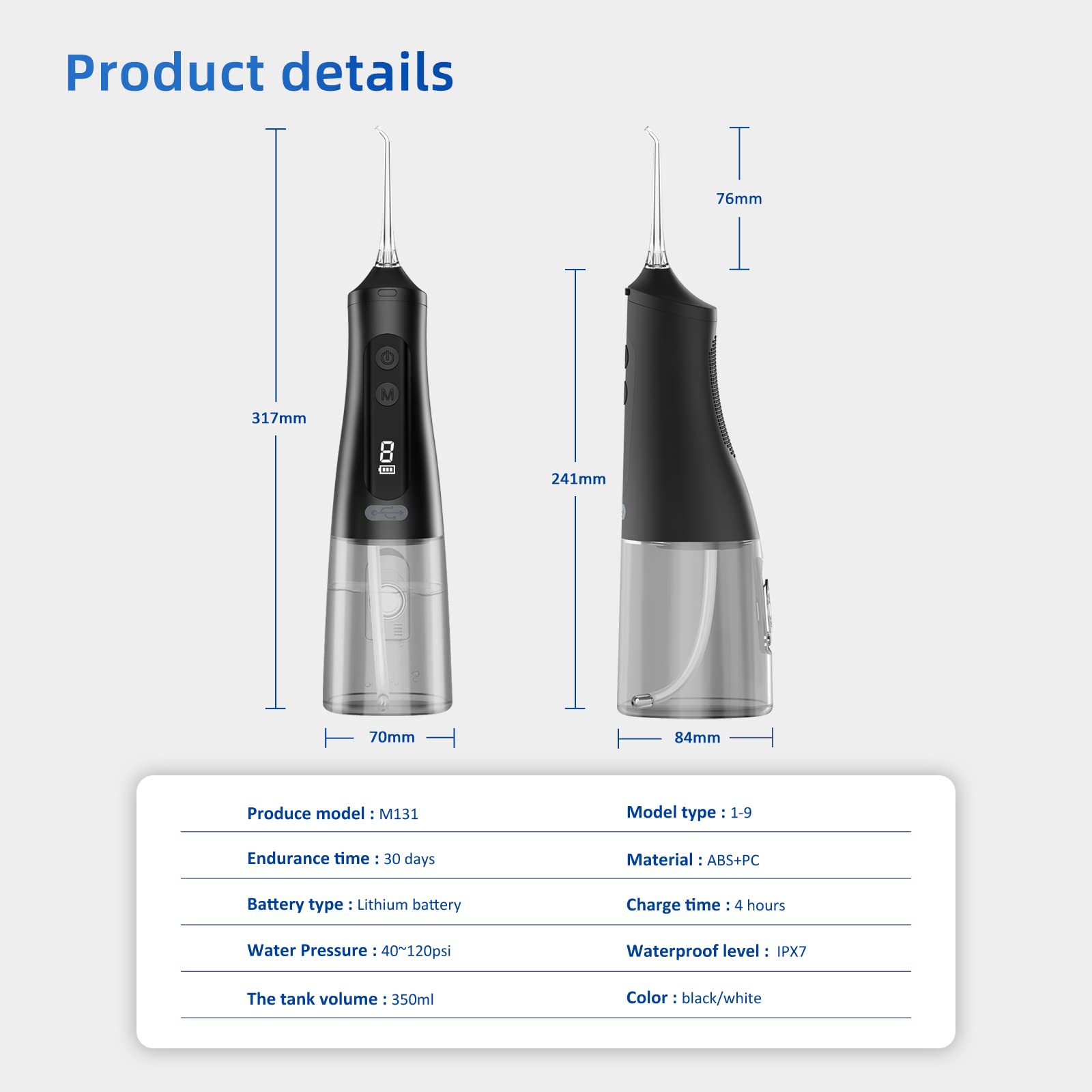 LVLAM Water Flosser Portable Dental Oral Irrigator with 9 Modes, 4 Replaceable Jet Tips, Rechargeable Waterproof Teeth Cleaner for Home and Travel -350ml Detachable Reservoir (Black)