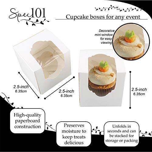 Spec101 Mini Cupcake Holders - 50 Pk Individual Cupcake Boxes with Inserts, 2.5 Inch To Go Cupcake Containers, White