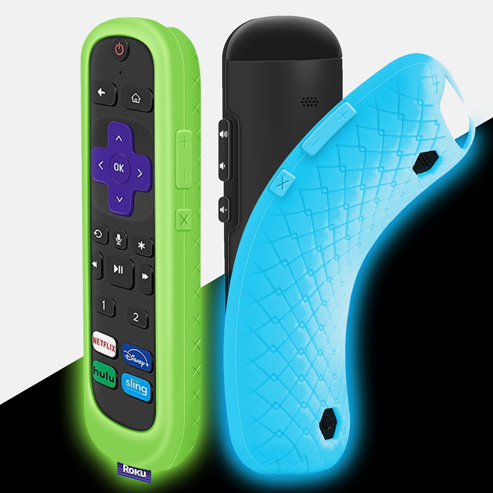 EVAHOM 2 Pack Silicone Remote Cases for Roku Voice Remote Pro, Roku Pro Remote Covers with Waterproof Shockproof and Anti-Slip, Protective Sleeve Blue Green Glowing in Dark