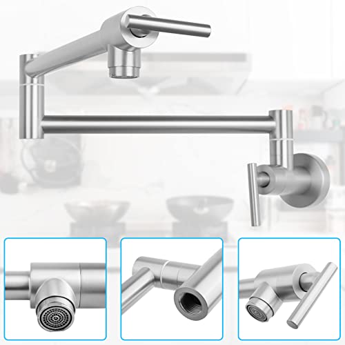 Launceter Pot Filler Faucet, Wall Mount Pot Filler Solid Brass Brushed Nickel Kitchen Faucets, Double Joint Swing Arm Kitchen Sink Pot Filler Faucets, Single Hole with 2 Handles(Brushed Nickel)