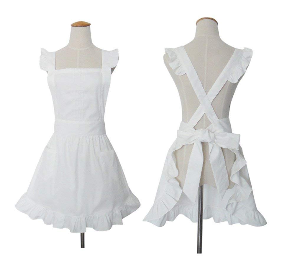 Love Potato Cute White Retro Lady's Aprons for Women's Kitchen Cooking Cleaning Maid Costume with Pockets