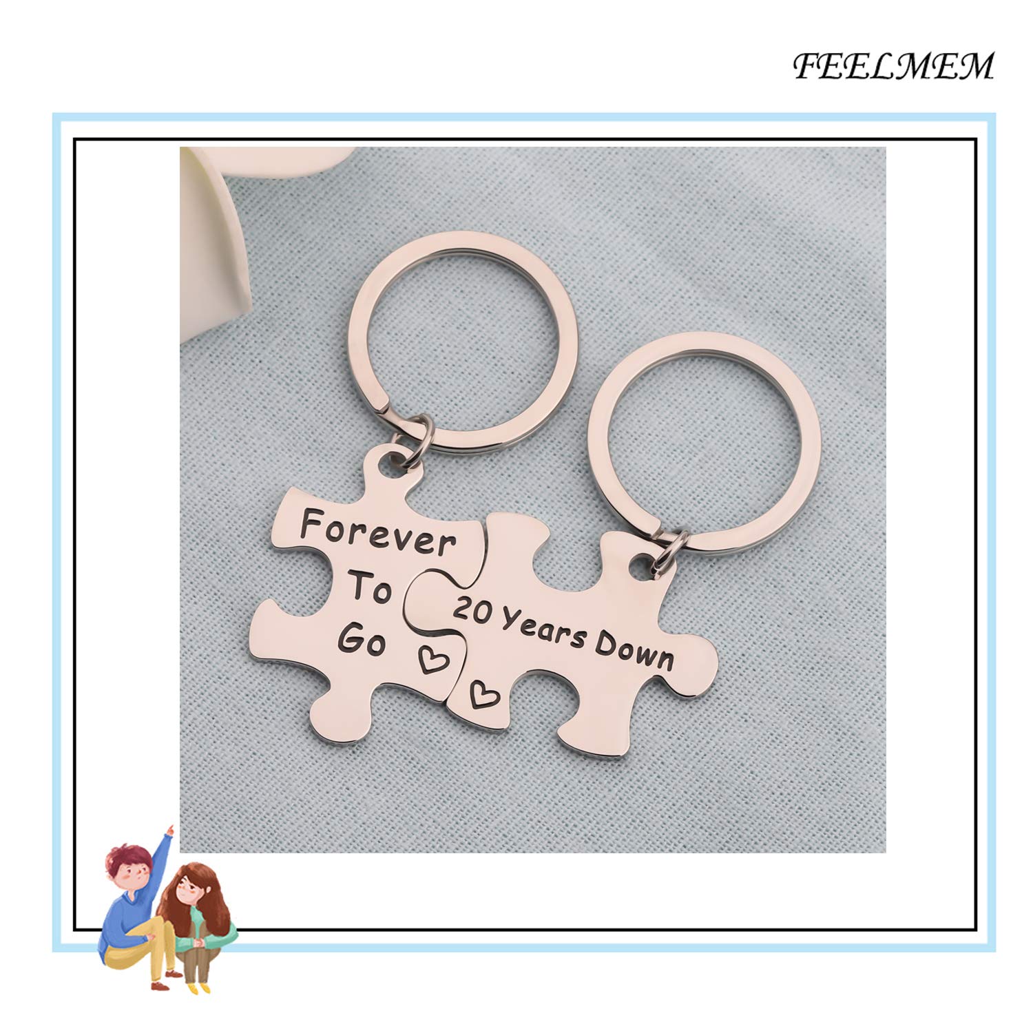 FEELMEM Couples Gifts 5th, 50th Years Down Forever to Go Puzzle Keychain Set of Two Wedding Anniversary Present (20th AV)