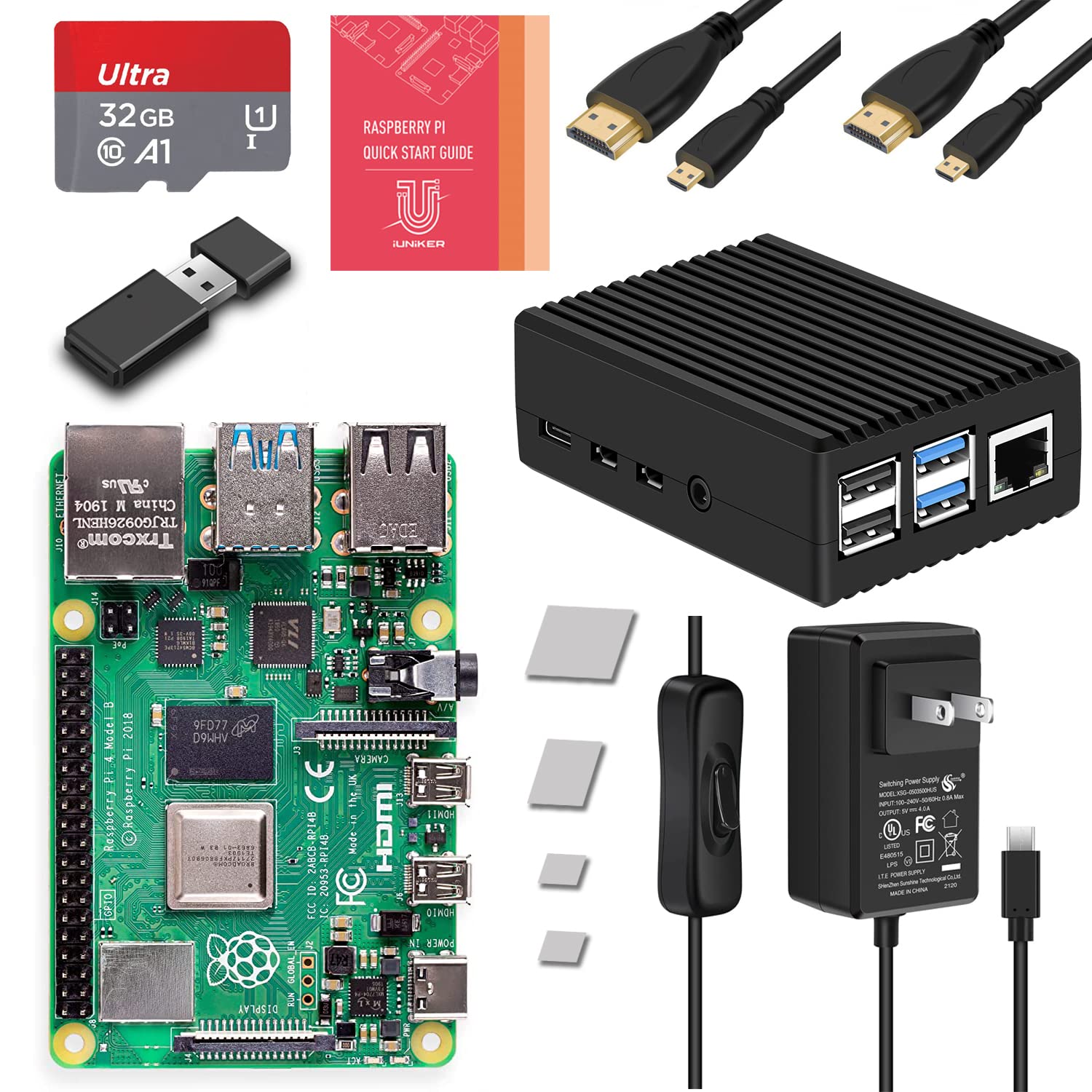 iUniker Raspberry Pi 4 4GB Starter Kit - 32GB Edition, Raspberry Pi 4 Case Aluminum Case, 20W 5V 4A Raspberry Pi 4 Power Supply with ON/Off Switch, HDMI Cable for Pi 4B (4GB RAM)