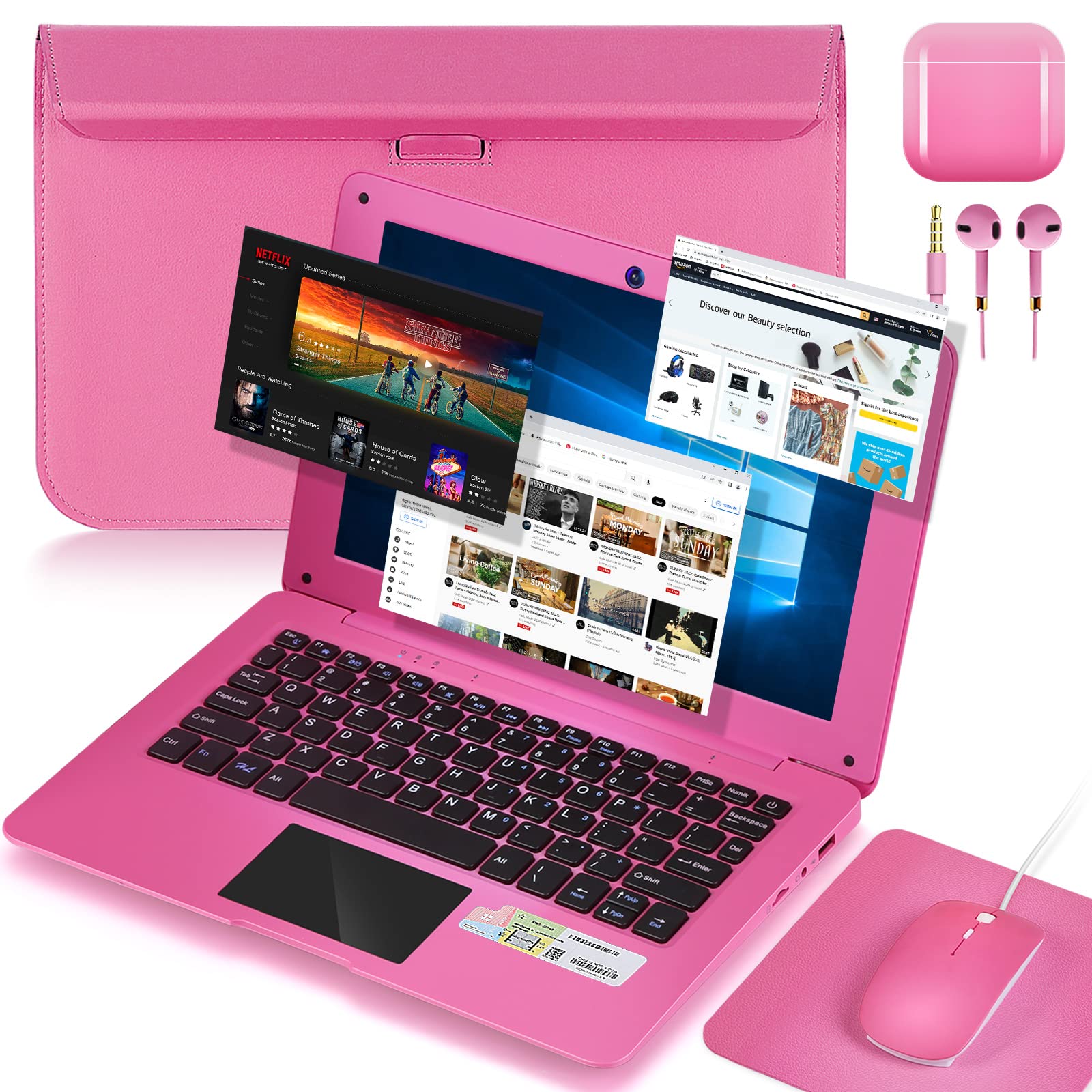 G-Anica Laptop Computer, 10.1 Inch Windows 10 Quad Core Notebook, Netbook Computer with WiFi, Webcam HDMI, Mini Laptop with Bag, Mouse, Mouse Pad and Earphone for Kids and Adults(Pink