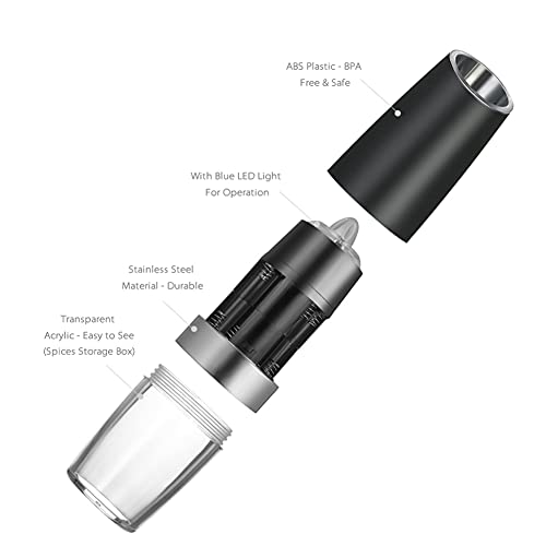 Sunbag Electric Gravity Salt and Pepper Mill,Battery Operated Automatic Salt and Pepper Mill - Blue LED Light,Adjustable Coarseness,One Handed Operation