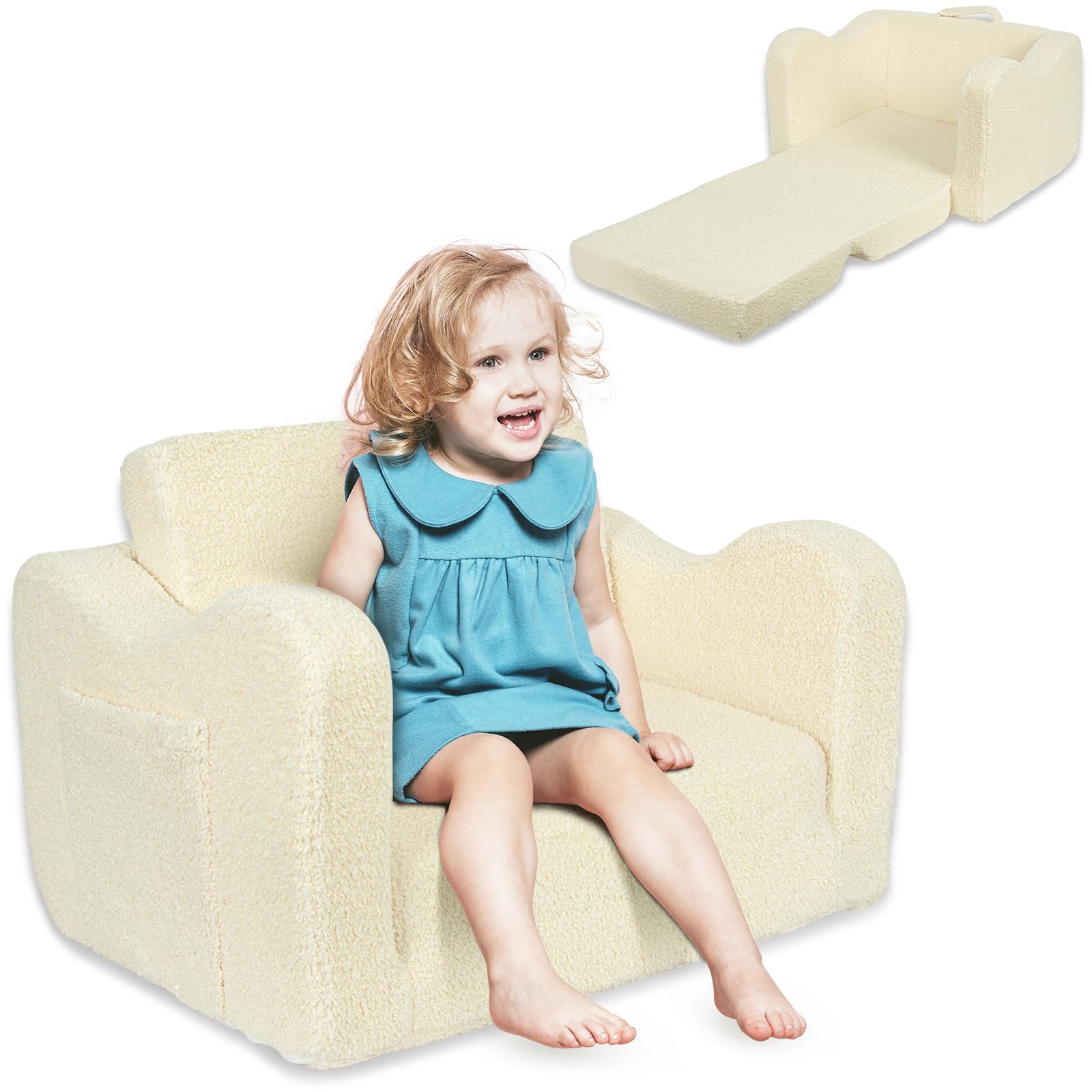 Kids Couch for Toddlers and Baby, 2-in-1 Convertible Toddler Chair Sofa to Lounger, Comfy Kids Couch Fold Out with Side Pocket and Handle for Reading, Naping, Watching, Cream