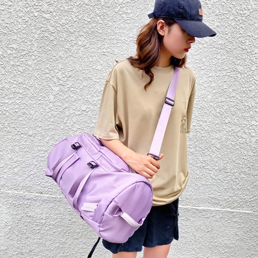 fancyfree Multipurpose Travel Backpack, Large Capacity Gym Duffle Bag, Daily Sport Backpack Tote with Individual Shoe Pockets for Men and Women (Purple)