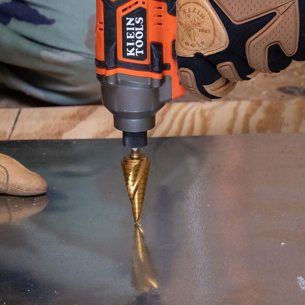 Klein Tools 25963 Step Drill Bit, 1/4 to 3/4-Inch, Spiral Double-Fluted, Cuts Thin Metal, Plastic, Aluminum, Wood, 1/4-Inch Hex Shank, VACO