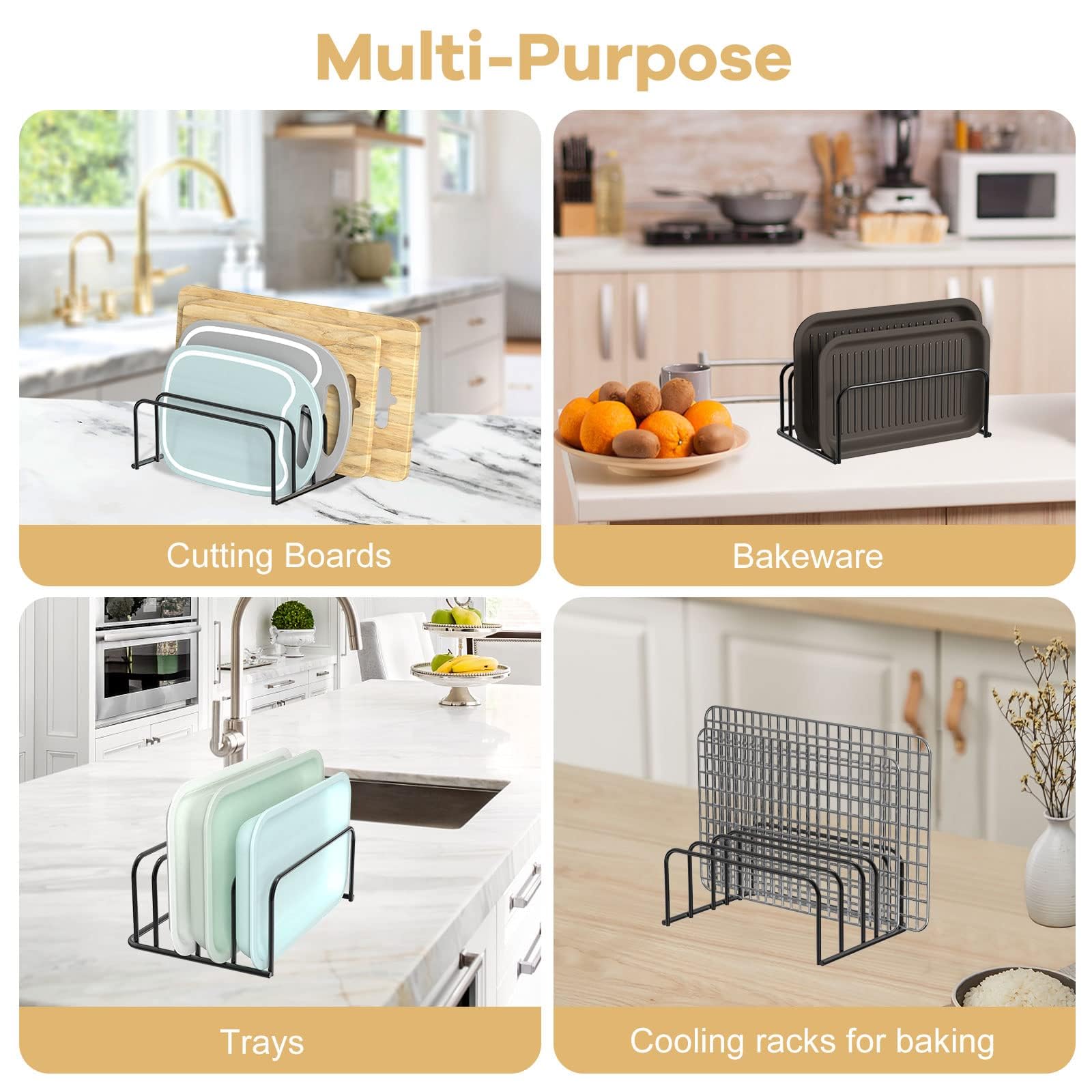 Fikoksol Cutting Board Organizer, [1-Pack] Cutting Board Holder Rack Baking Cookie Pan Sheets Cooling Small Racks Storage Stand for Kitchen Cabinet Countertop Bakeware Storage Organizer Metal Black