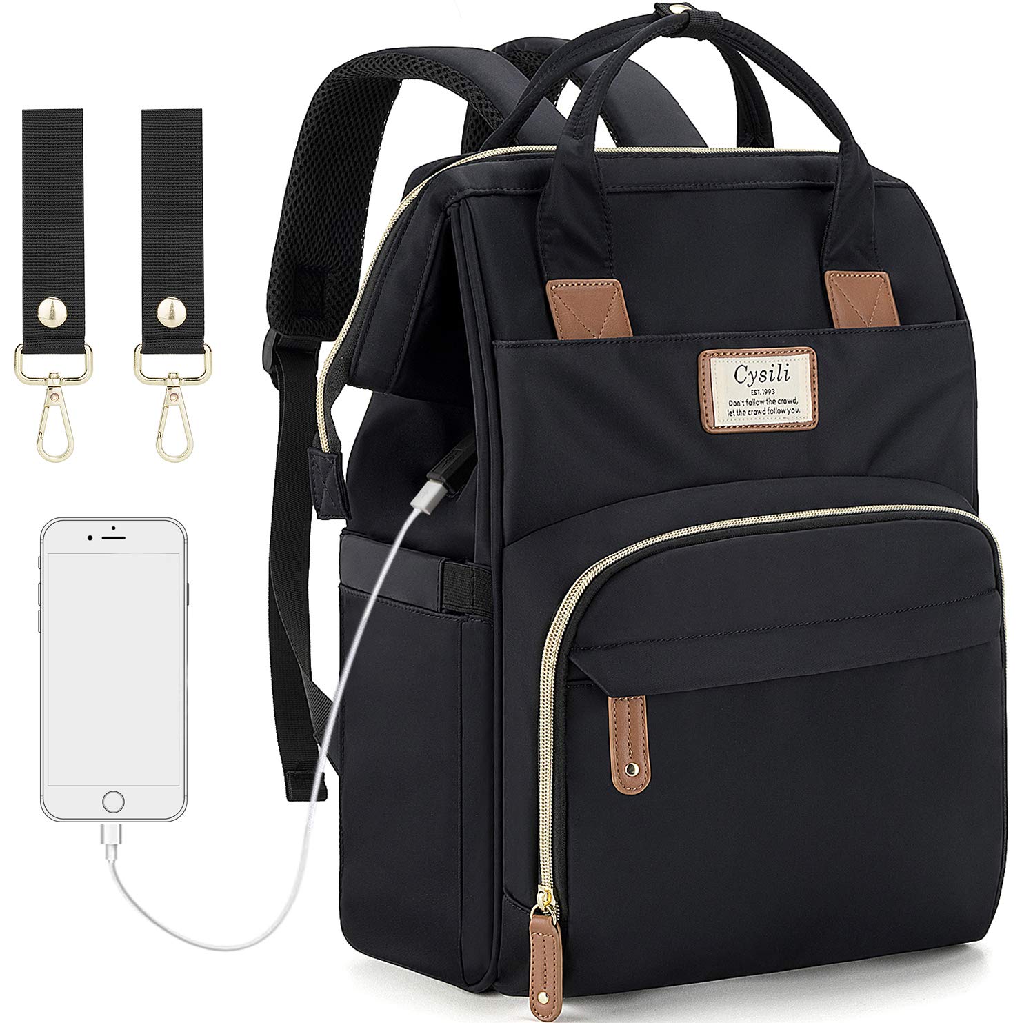 FANCYOUT Diaper Bag Backpack with USB Charging Port and Stroller Straps, Maternity Nappy Bag with Insulated Feeding Bottle Pocket (Black)