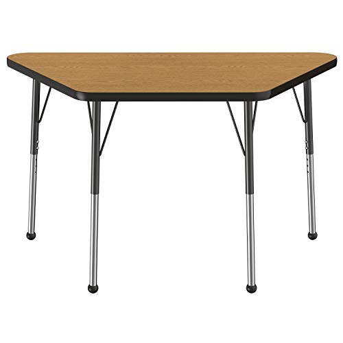 FDP Trapezoid Activity School and Office Table (24 x 48 inch), Standard Legs with Ball Glides for Collaborative Seating Environments, Adjustable Height 19-30 inches - Oak Top and Black Edge