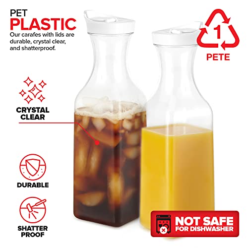 Plastic Juice Carafe with Lids (Set of 2) 50 oz Carafes for Mimosa Bar, Drink Pitcher with Lid, Water Bottle, Milk Container, Clear Beverage Containers for Fridge, Pantry Storage, Square Pitchers