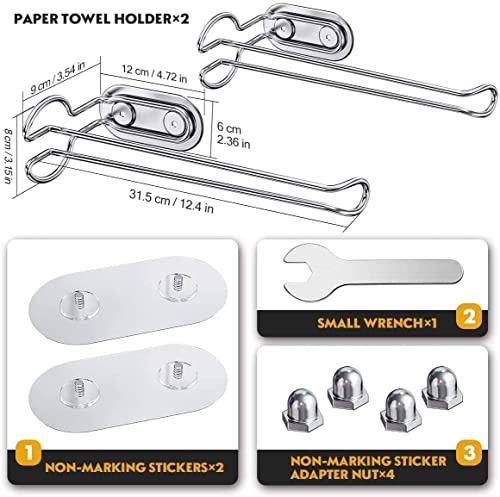 Paper Towel Holder Under Cabinet: 2 Pack SUS304 Stainless Steel Wall Mount Self-Adhesive Paper Towels Rolls for Kitchen (A-Wall-Mounted)