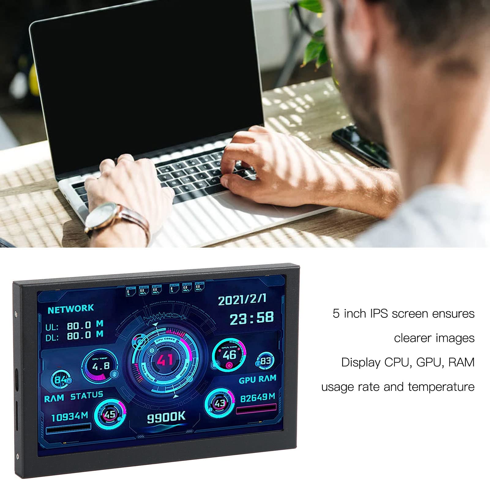 Mini ITX PC Case Monitor, 5 Inch IPS PC CPU Data Monitor for Home