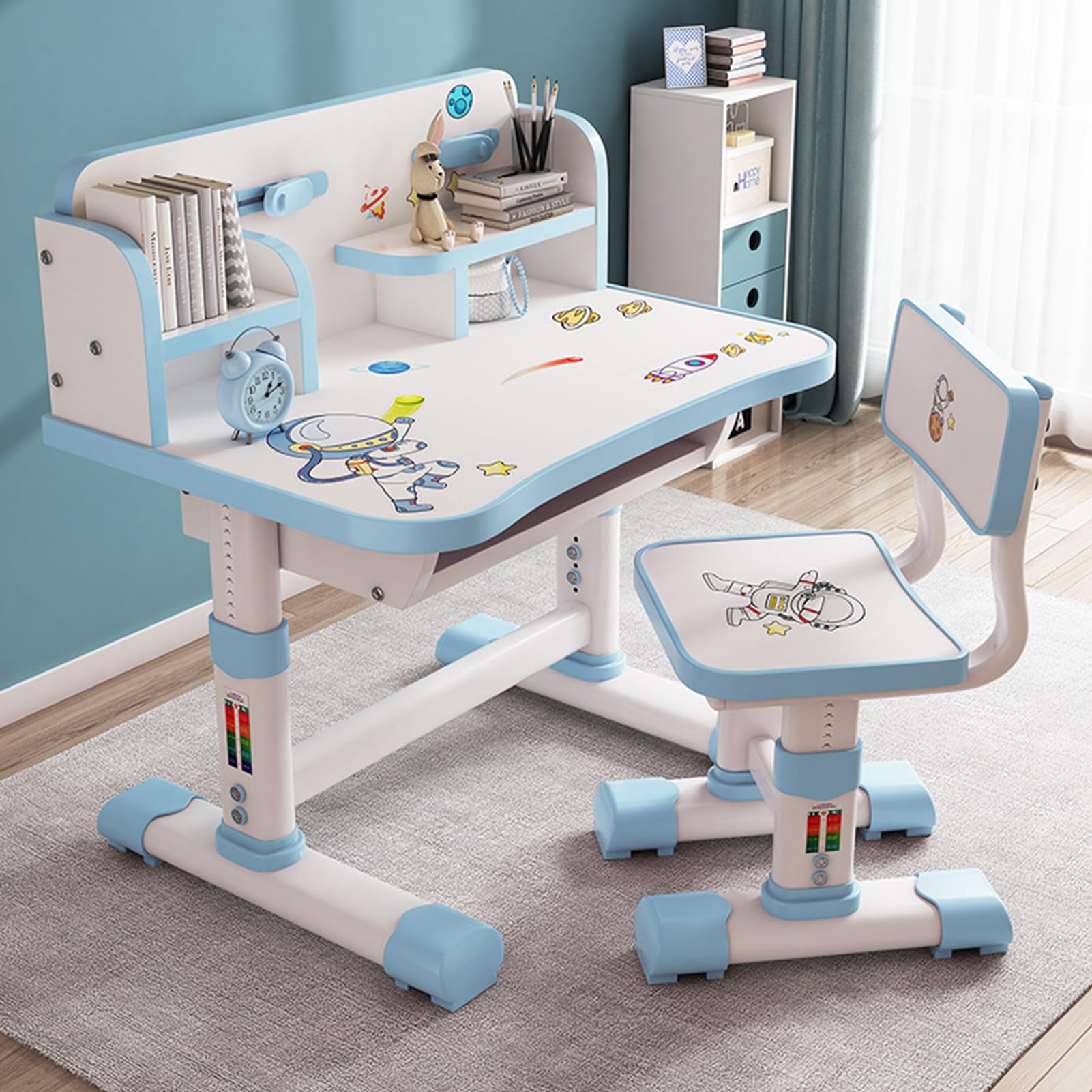 Kids Study Desk and Chair Set, Height Adjustable Kids School Desk, Wood Cartoon Learning Desks, Kids Desk with Storage, Children Study Table with Storage, Large Writing Board, Bookshelf⌠(Blue)