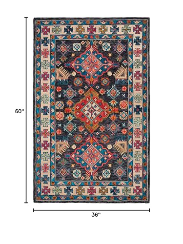 SAFAVIEH Aspen Collection Accent Rug - 3' x 5', Charcoal & Blue, Handmade Boho Wool, Ideal for High Traffic Areas in Entryway, Living Room, Bedroom (APN521H)