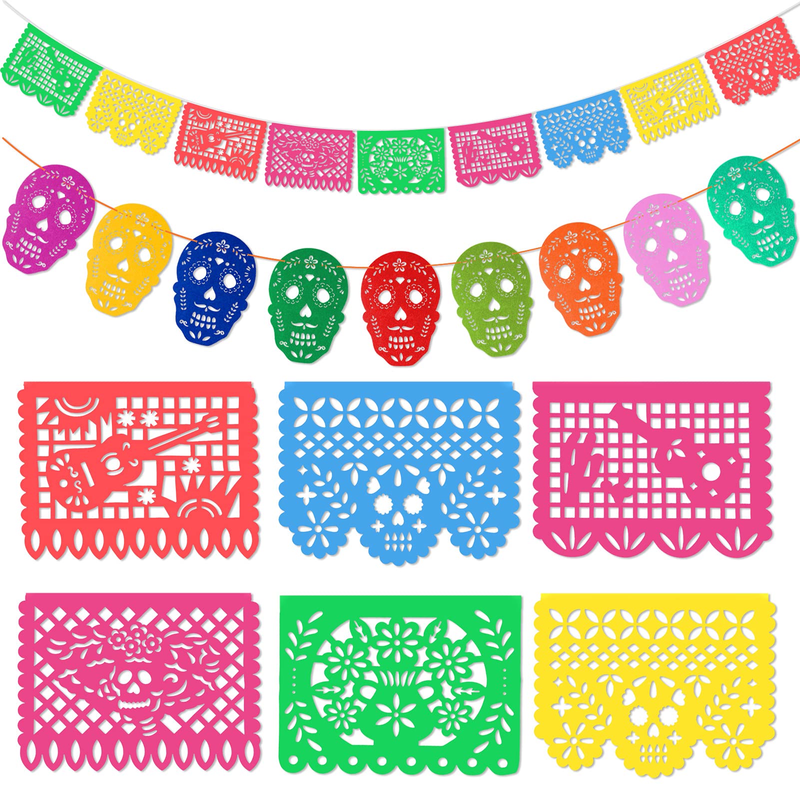 HOWAF 2 Pcs Plastic Papel Picado Mexican Fiesta Banners Day of The Dead Skull Bunting Banner Halloween Dia De Los Muertos Mexicano Banners for Cinco De Mayo Decorations Mexican Party Supplies