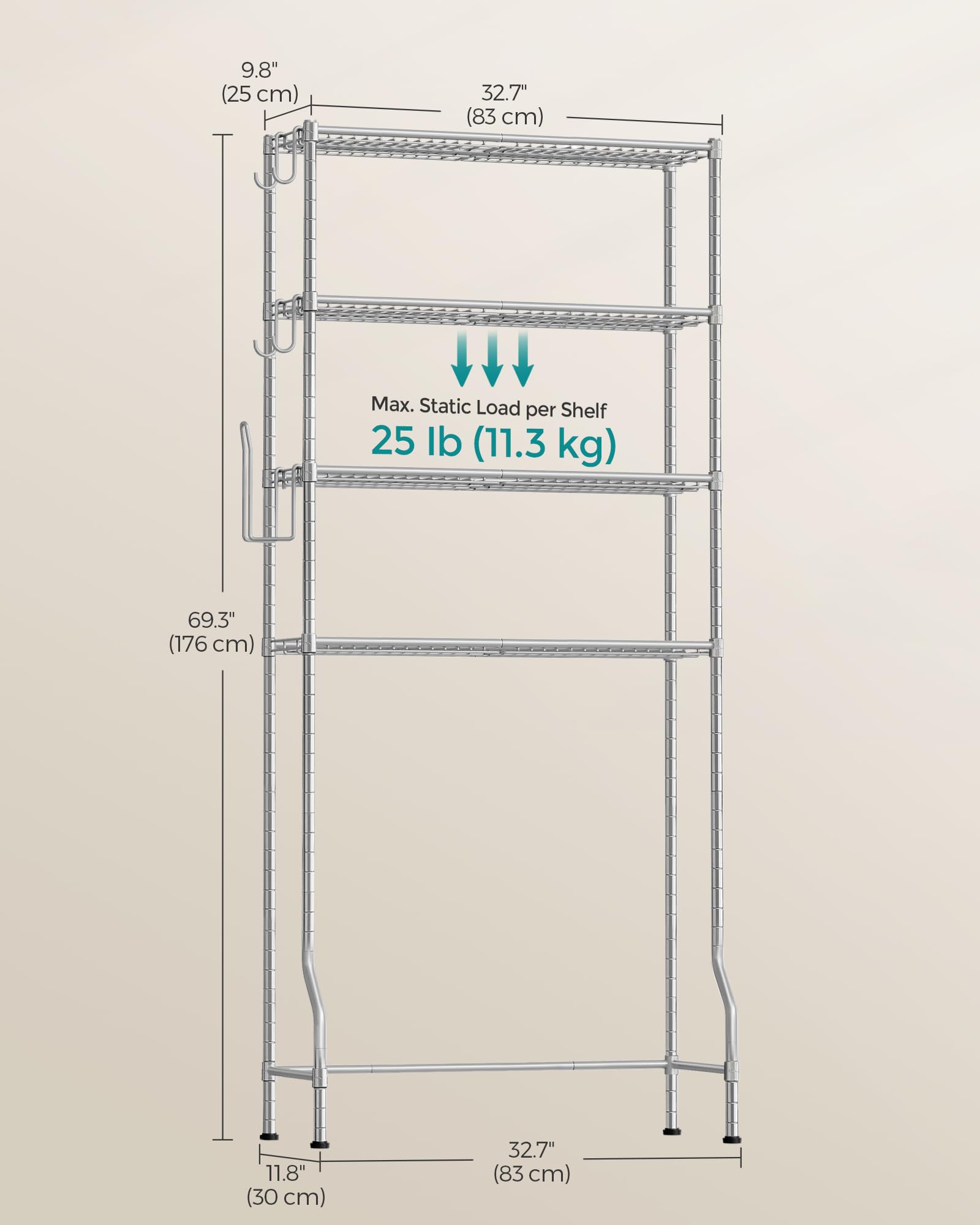 SONGMICS 4 Tier Over The Toilet Storage, Metal Storage Rack, Adjustable Shelves, 4 Hooks, Roll Holder, Space-Saving Bathroom Storage Shelf Organizer, 11.8 x 32.7 x 69.3 Inches, Silver Gray UBTS023G01
