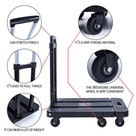 Hand cart Luggage cart Flat Dolly, Folding, Utility Dolly Lightweight Cart with 6 Wheels ,Travel Moving Shopping Office Use,Black