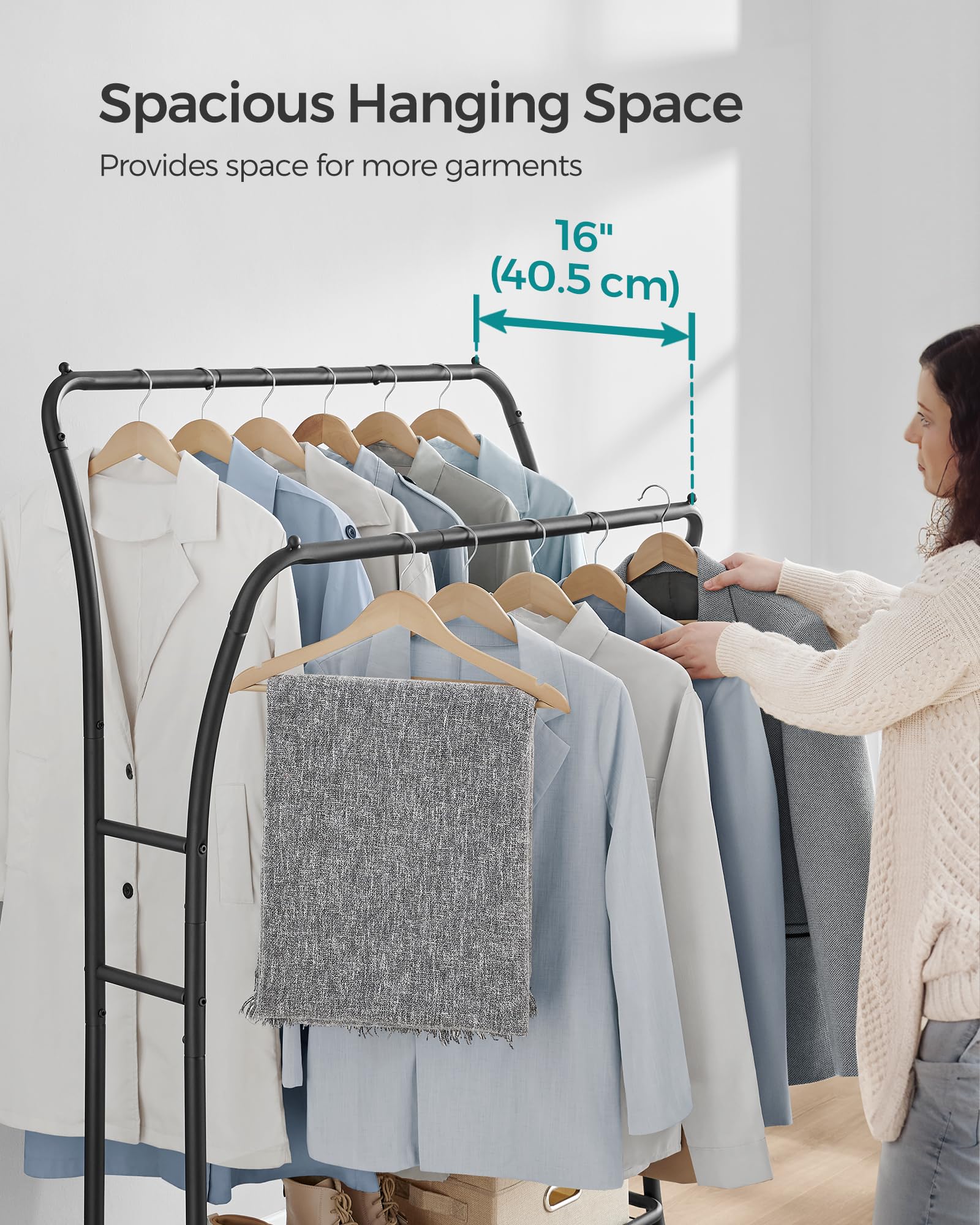 SONGMICS Clothes Rack, Clothing Rack with Shelves, Garment Racks Heavy Duty, Double Rod Clothes Rack with 6 Hooks, Clothes Storage and Display, for Living Room, Bedroom, Ink Black UHSR109B01
