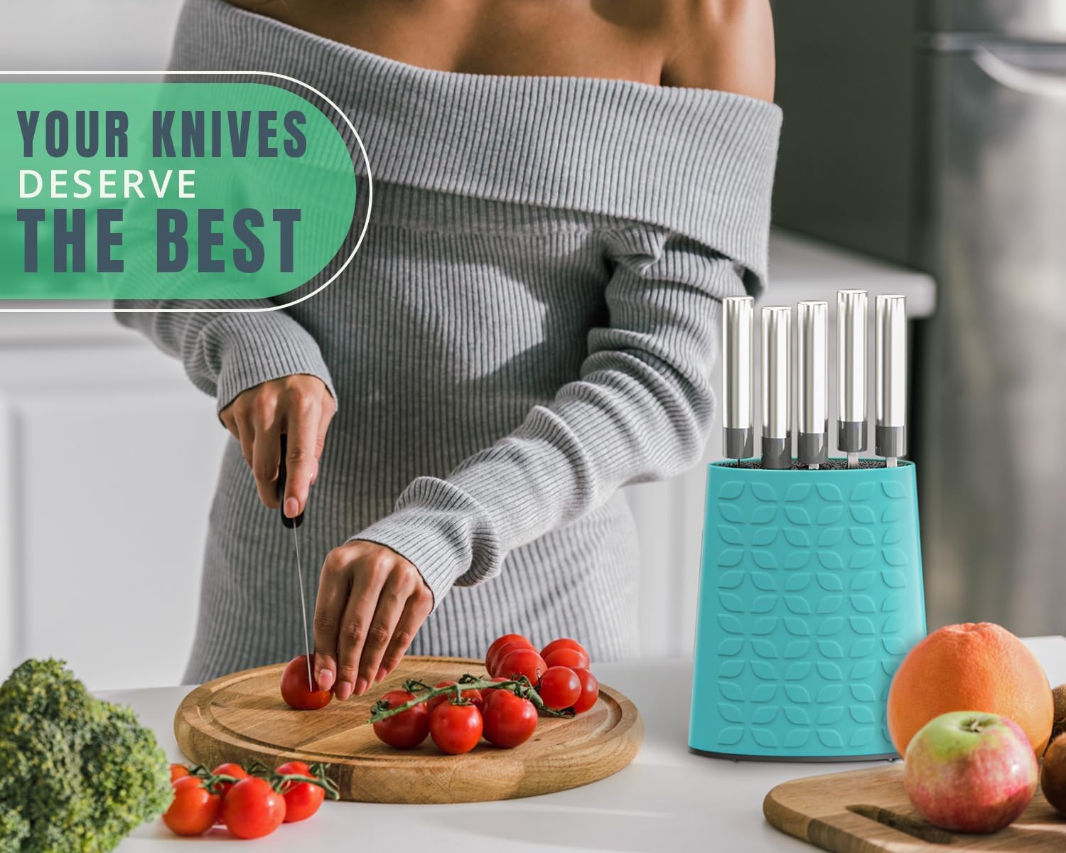 Knife Block for Kitchen Storage w/Removable Bristles - Convenient & Secure Knife Stand for Holding Small & Large Knives- Blue